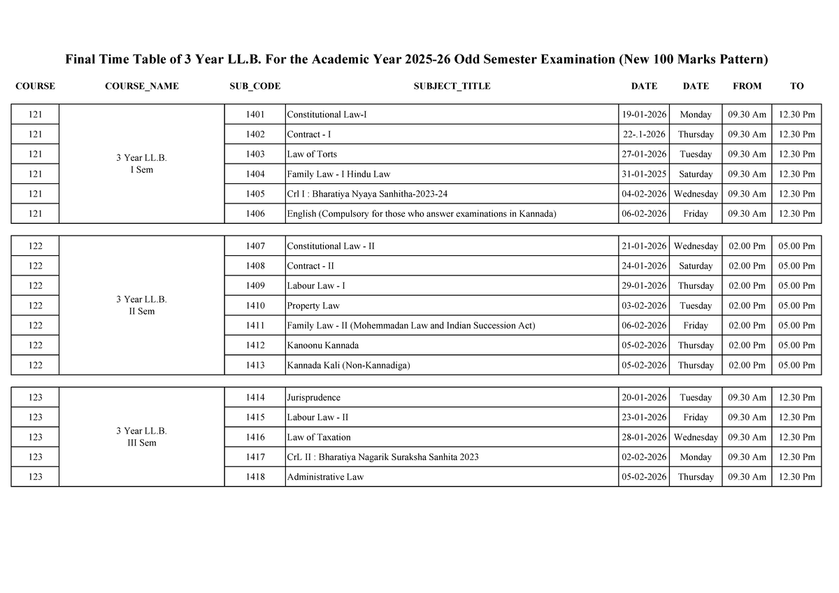 Final Time Table for 3 Year LL.B. Course (Dec 2025 - Jan/Feb 2026 ...