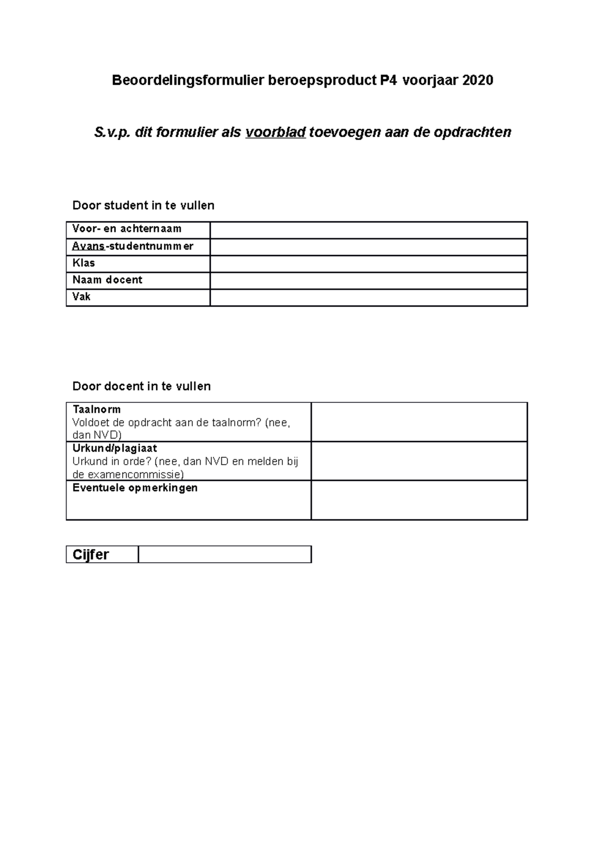 Beoordelingsformulier Beroepsproduct P4 Arbeidsrecht Voorjaar 2020 - Studeersnel