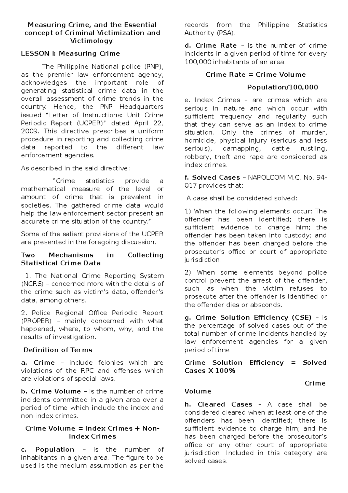 CRIM 101 Finals Reviewer - Measuring Crime, and the Essential concept ...