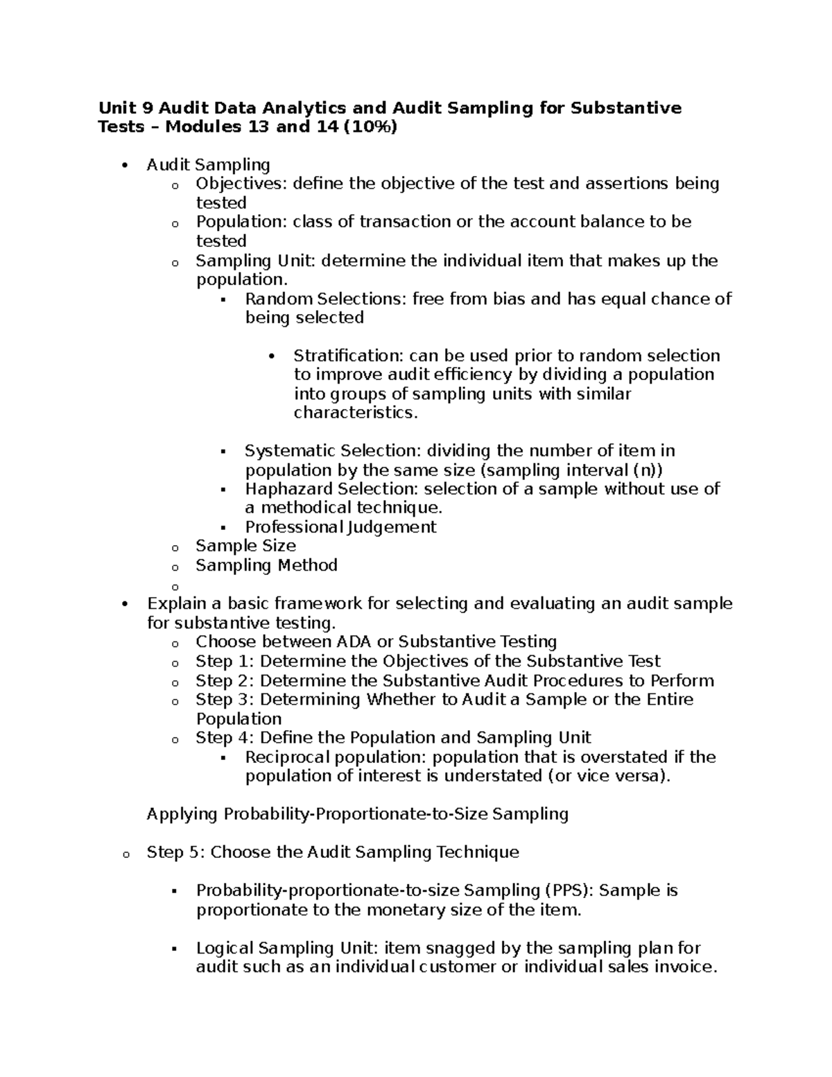 Unit 9: Audit Data Analytics & Sampling for Substantive Tests - Studocu