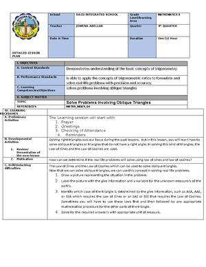 LP Grade 9 Problems Involving Right Triangles - DETAILED LESSON PLAN ...