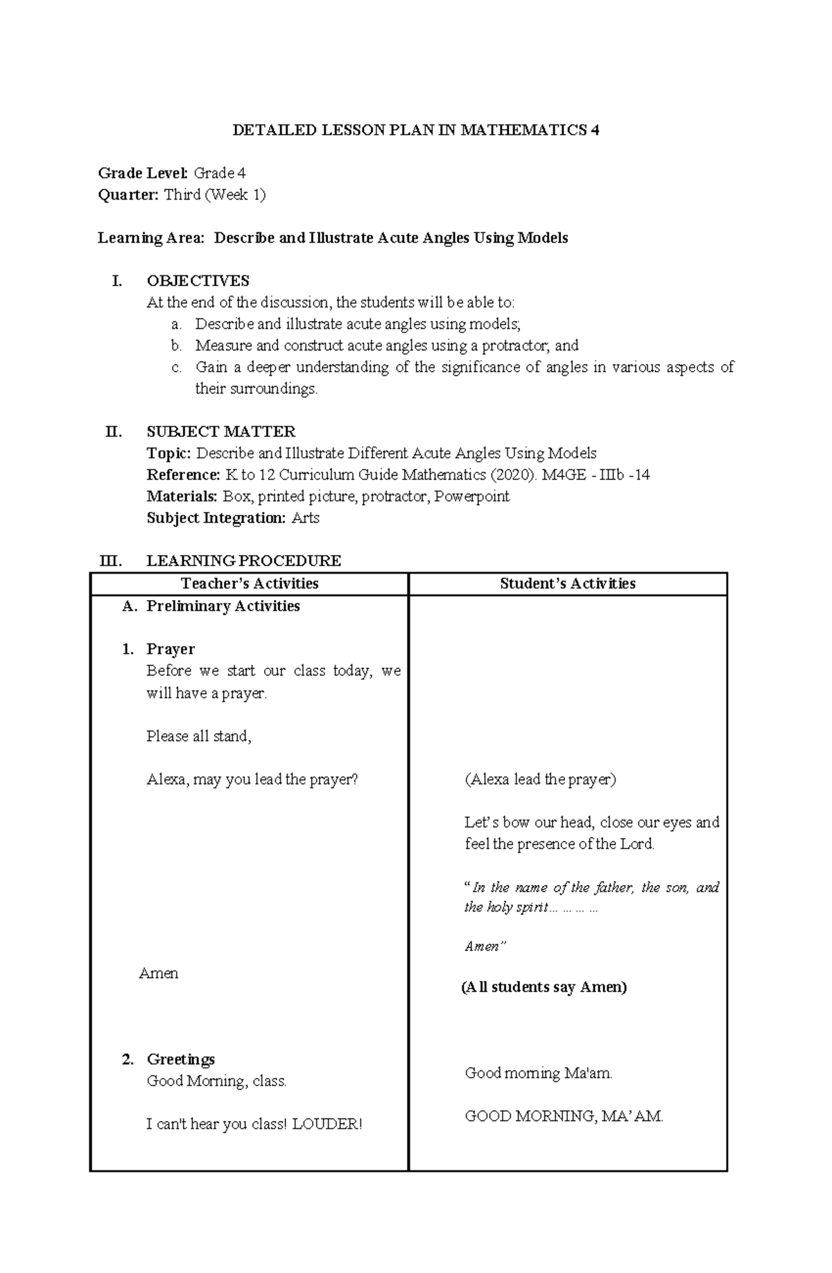 Detailed Lesson Plan: Acute Angles in Math 4 (3rd Quarter) - Studocu