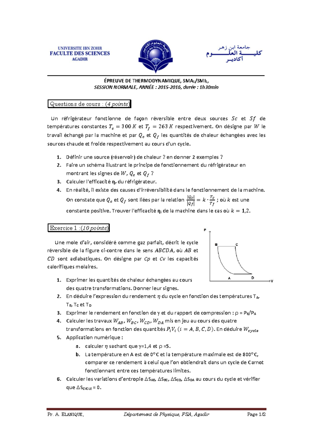 Épreuve de Thermodynamique SN 2016 - Réfrigérateur et Cycle Réversible ...