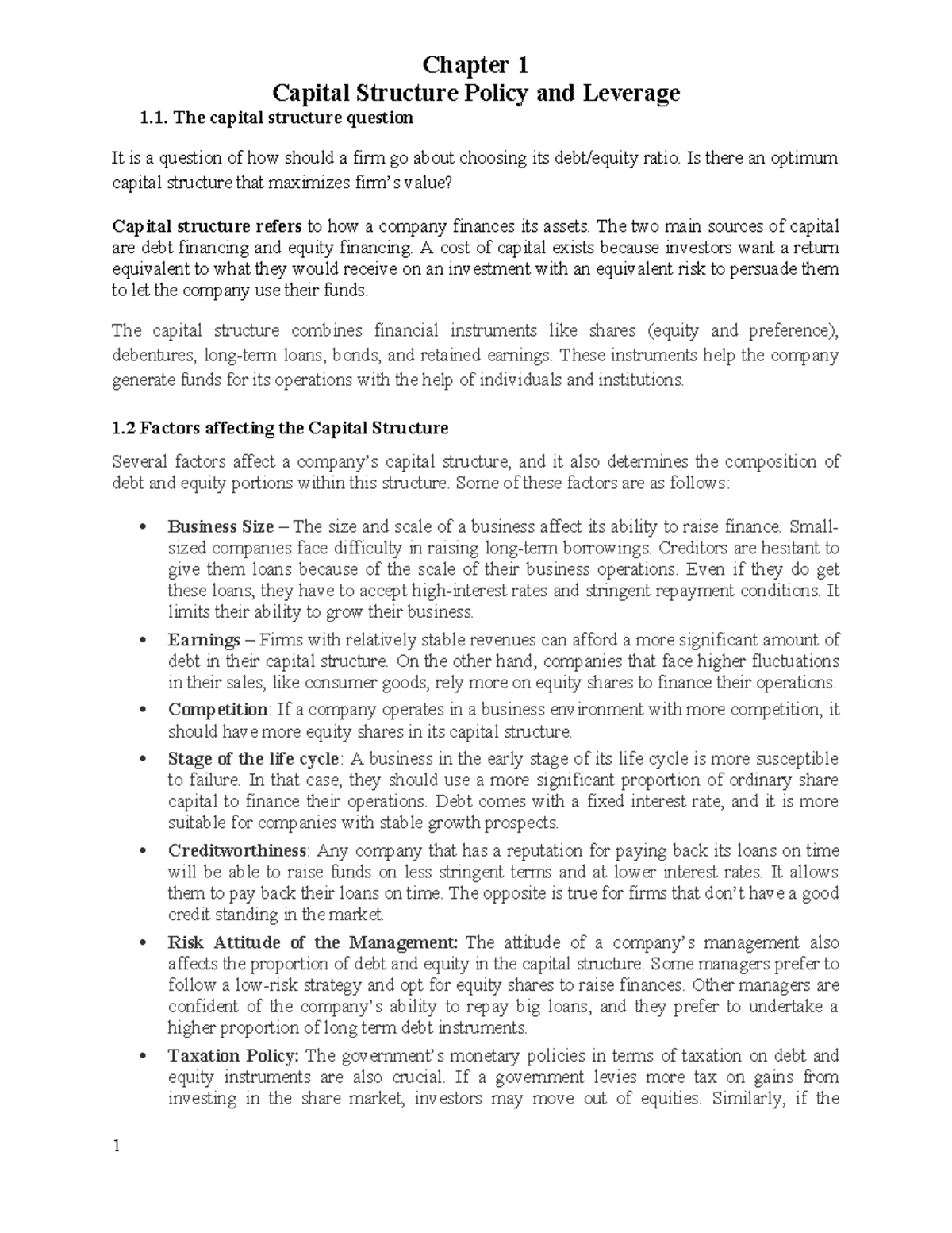 FM II Chapter 1: Capital Structure Policy and Leverage Analysis - Studocu