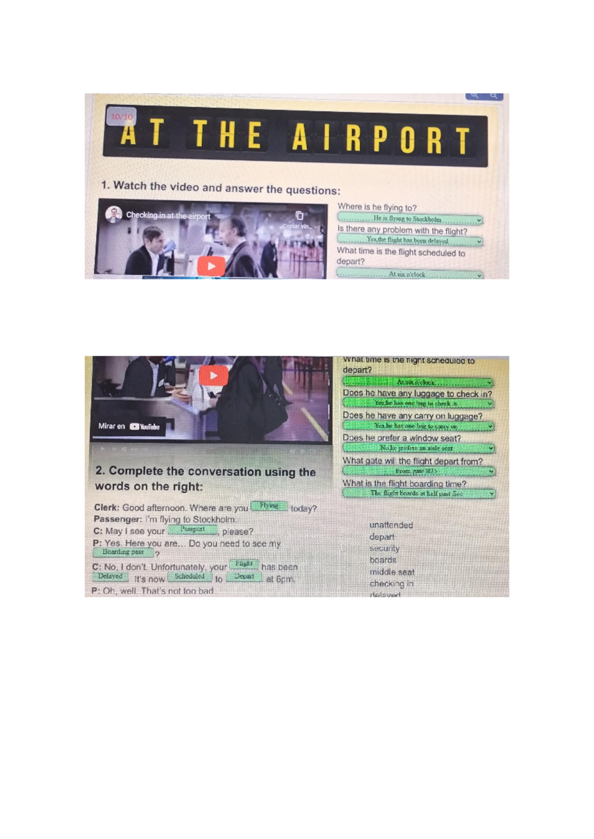 At the Airport Checking in - A T THE AIRPORT T 1. Watch the video and ...