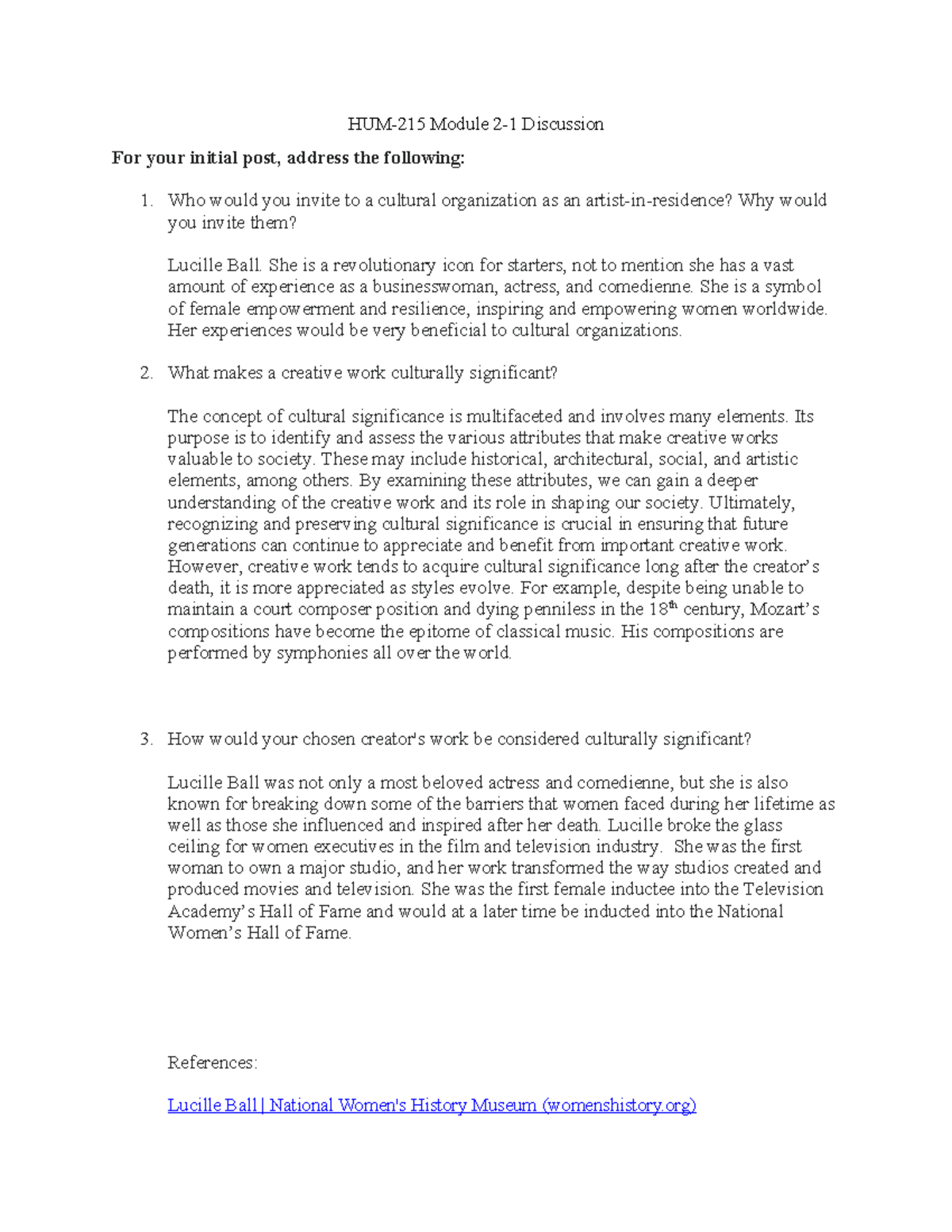 HUM-215 Module 2-1 Discussion: Cultural Impact of Lucille Ball - Studocu
