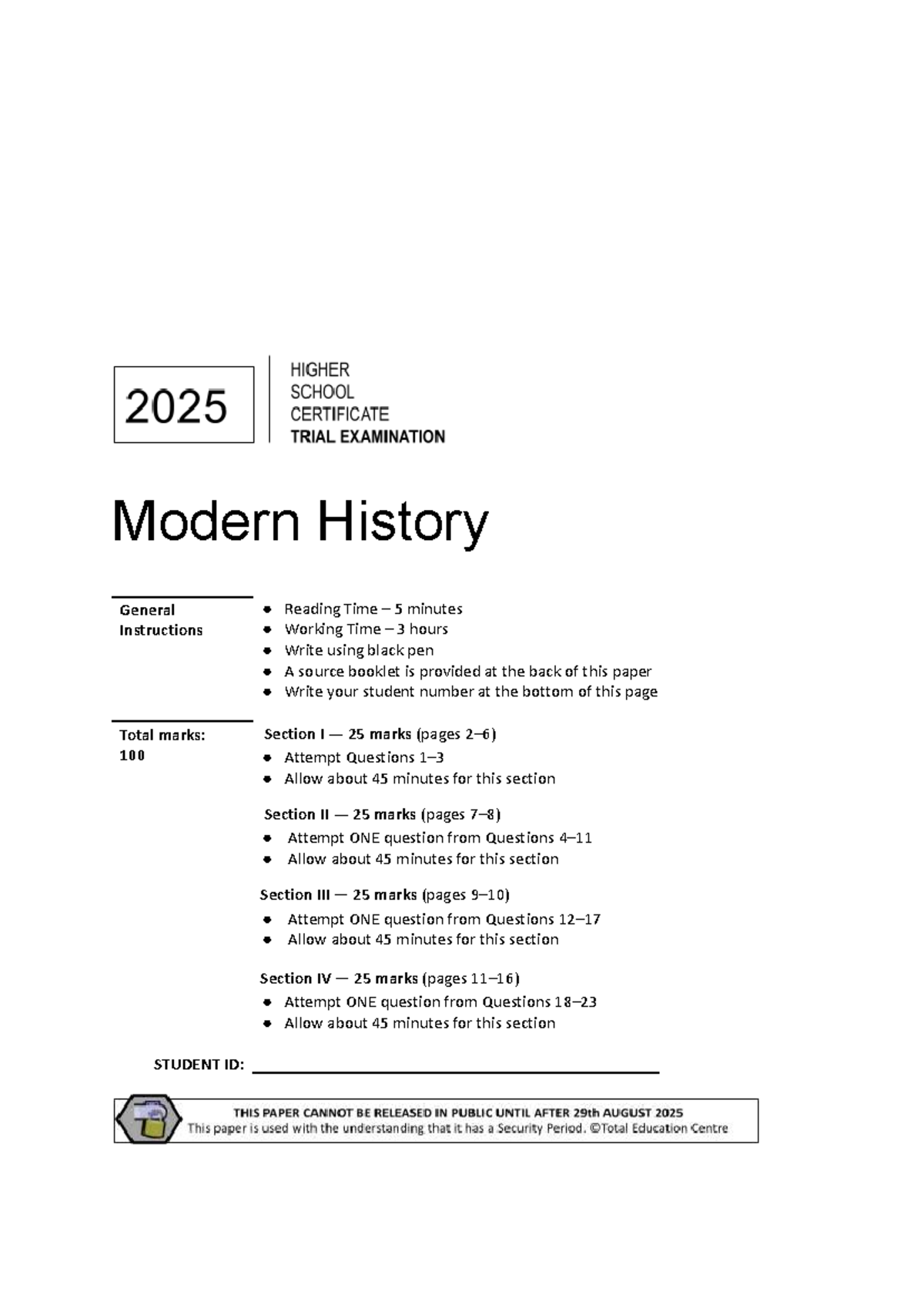 Modern History HSC Trial Exam 2025: General Instructions & Questions ...