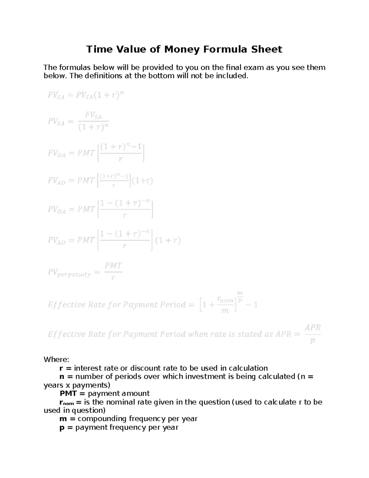 TVM Formula Sheet - Time Value of Money Formula Sheet The formulas ...
