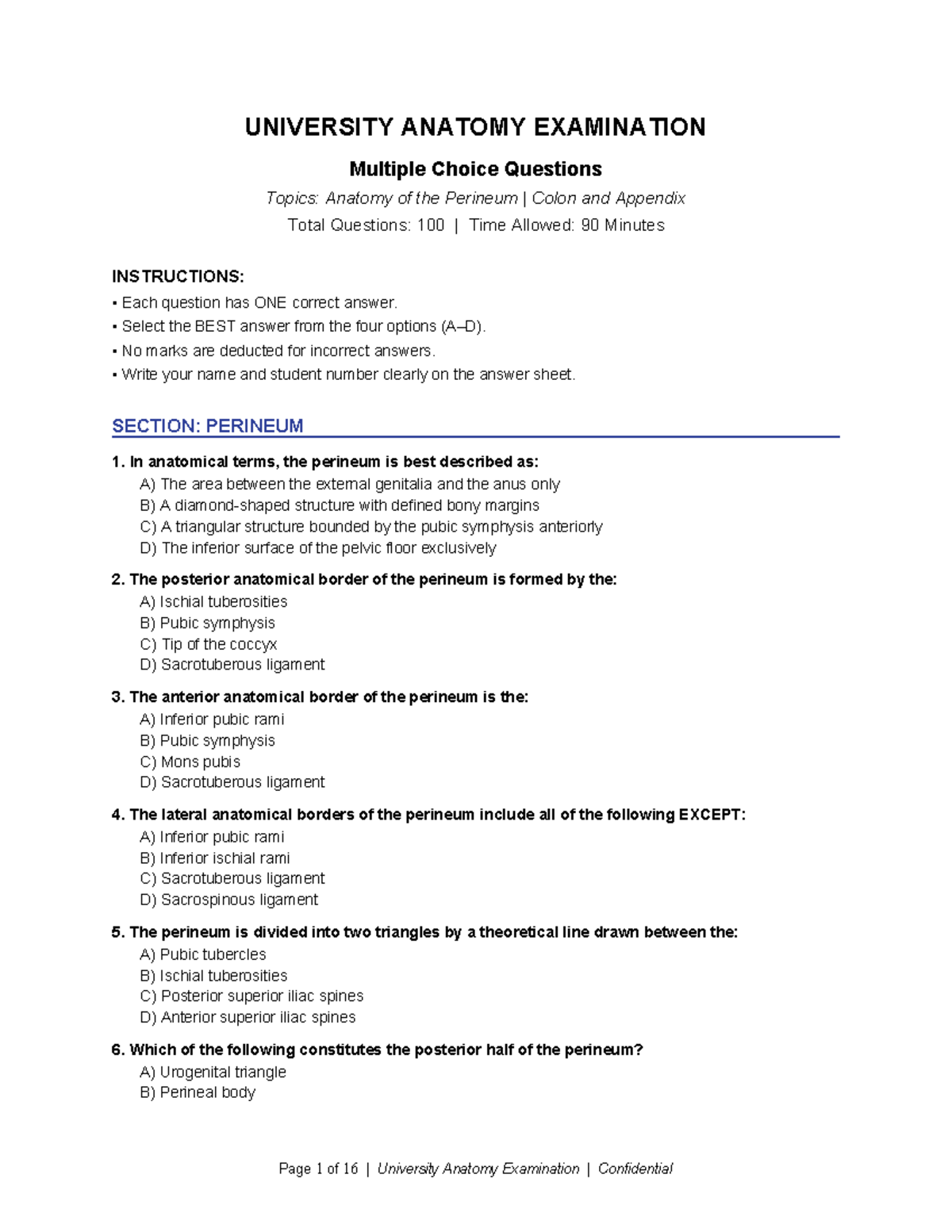 Anatomy MCQ Exam (100 Questions) - Perineum, Colon & Appendix - Studocu