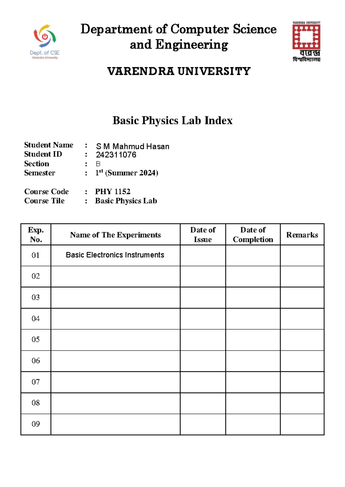 Basic Physics Lab Index - Department of Computer Science and Engineering VARENDRA UNIVERSITY ...