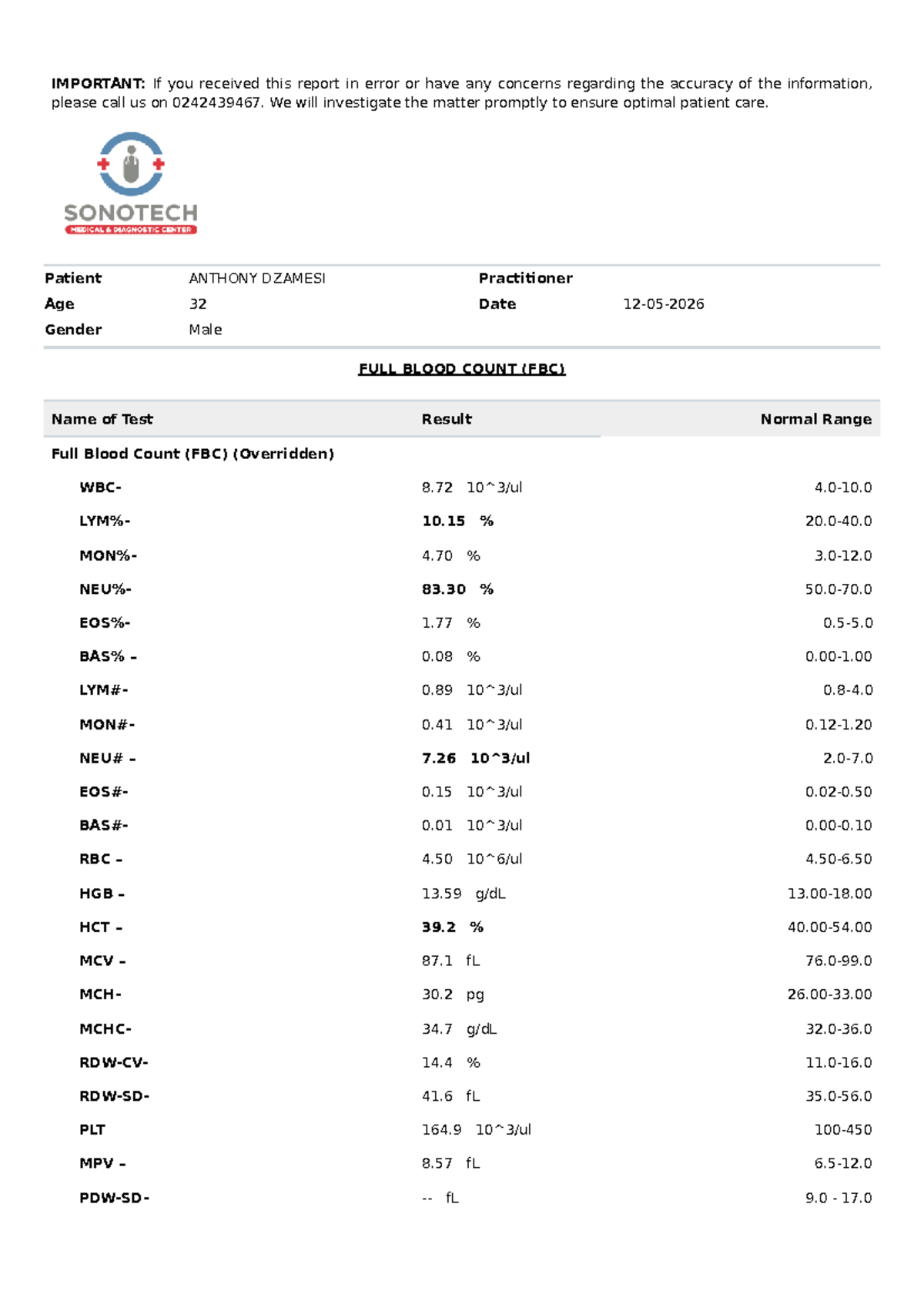 Patient Report: Full Blood Count (FBC) for ANTHONY DZAMESI - Studocu