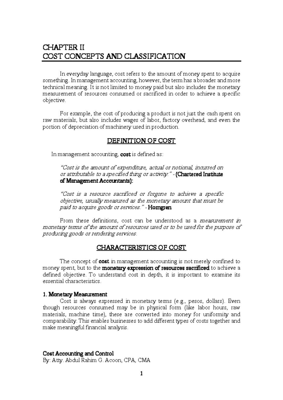CHAPTER II: COST CONCEPTS AND CLASSIFICATION IN MANAGEMENT ACCOUNTING ...