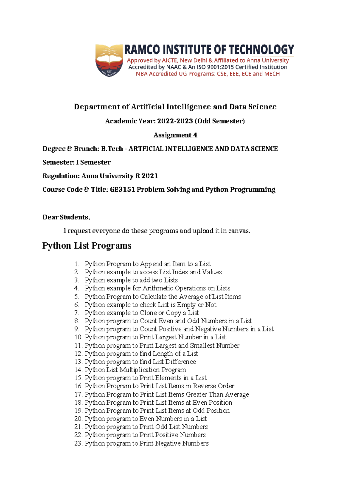 Assignment 4 - PYTHON - Department of Artificial Intelligence and Data ...