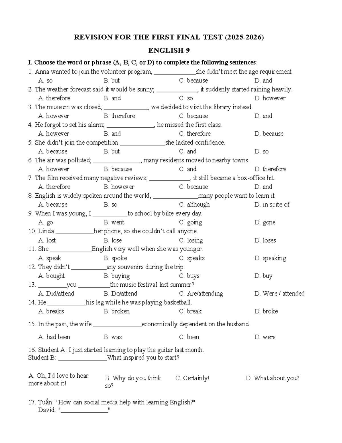 English 9 Final Exam Revision: Complete the Sentences - Studocu