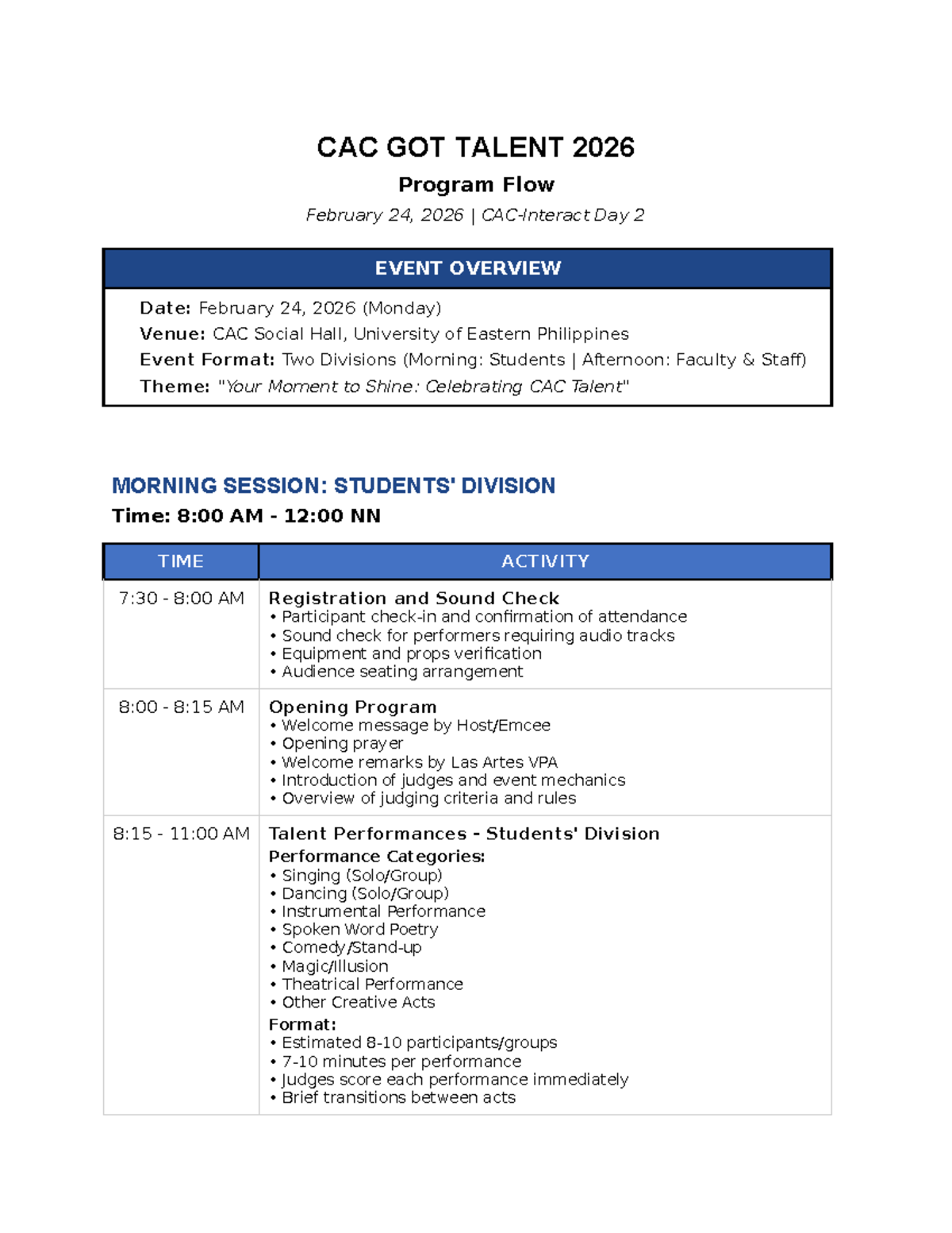 CAC GOT TALENT 2026 Program Flow - February 24, Day 2 - Studocu