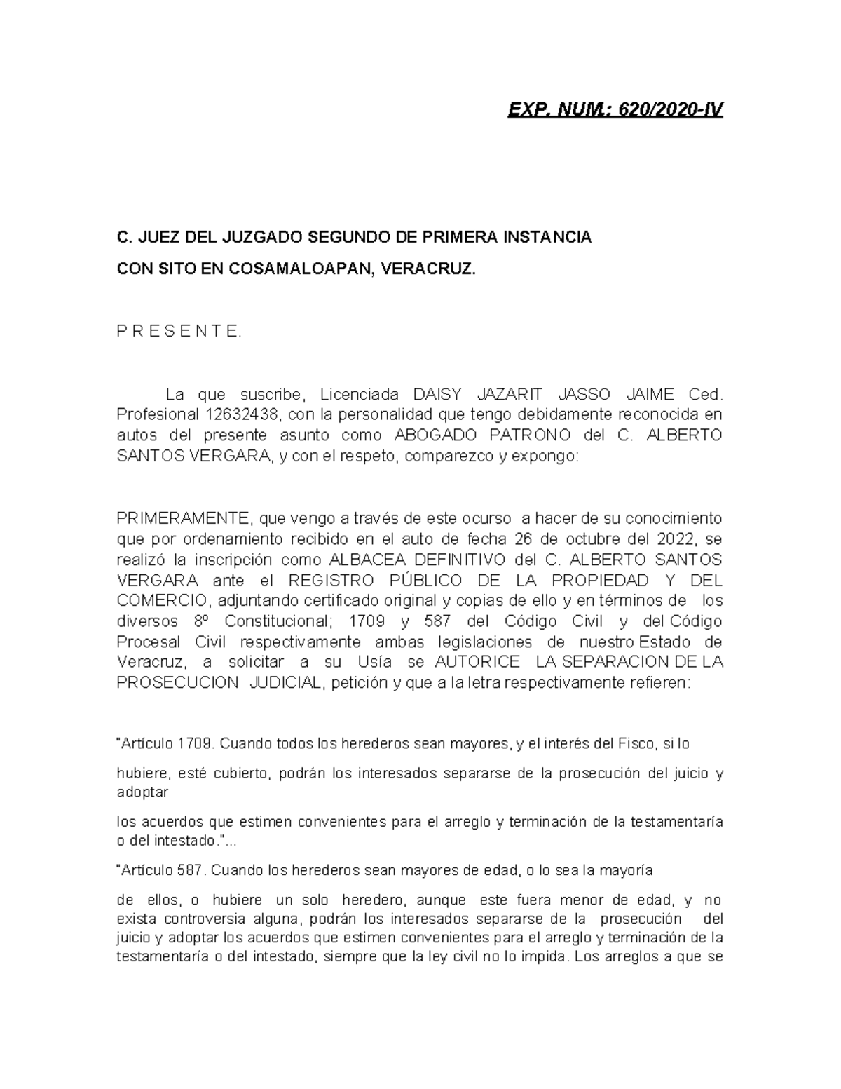 Sección sobre la Separación de Prosecución Judicial - EXP. 620/2020-IV ...