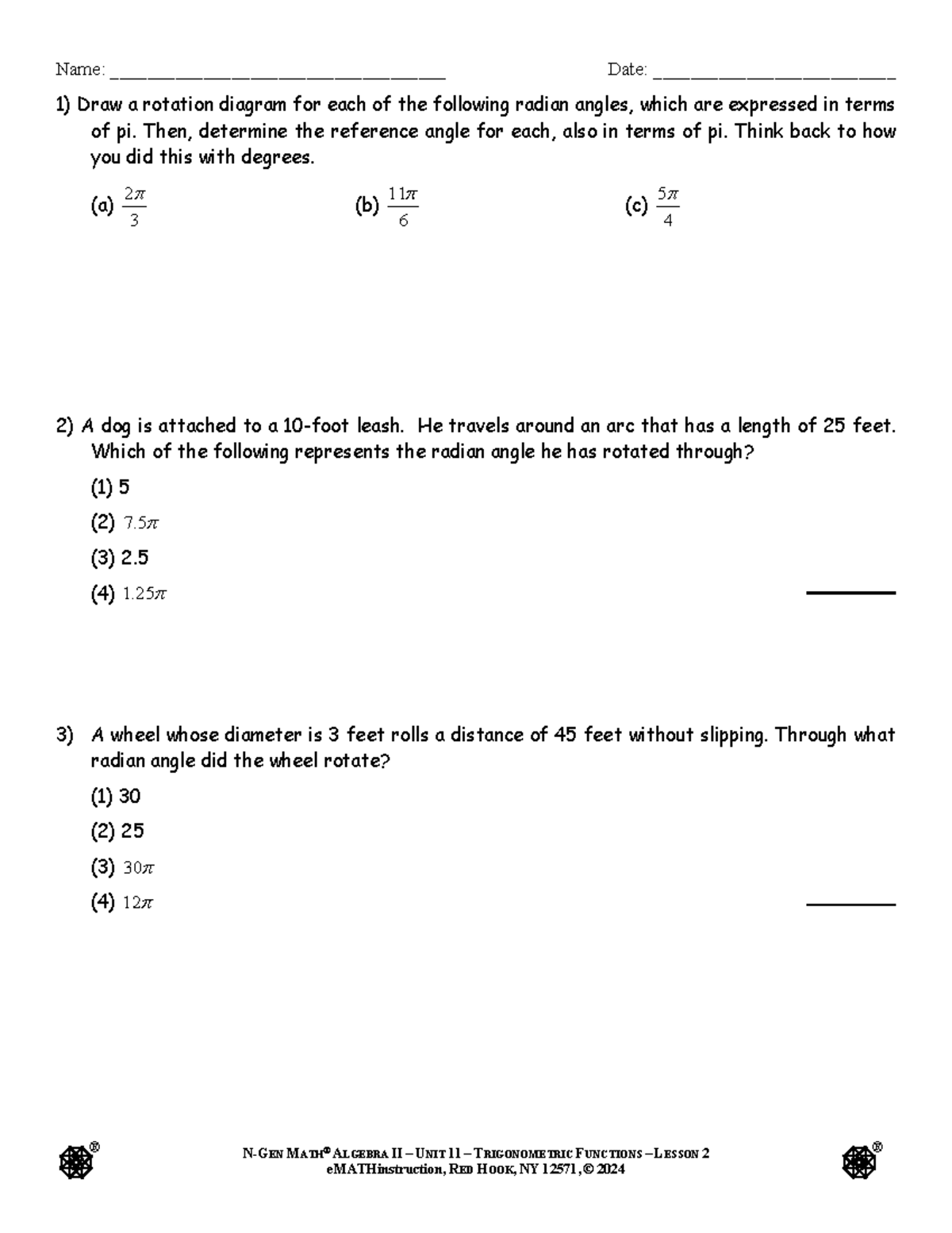 Radian HW 1 - Trigonometric Functions (ALG II UNIT 11 LESSON 2) - Studocu