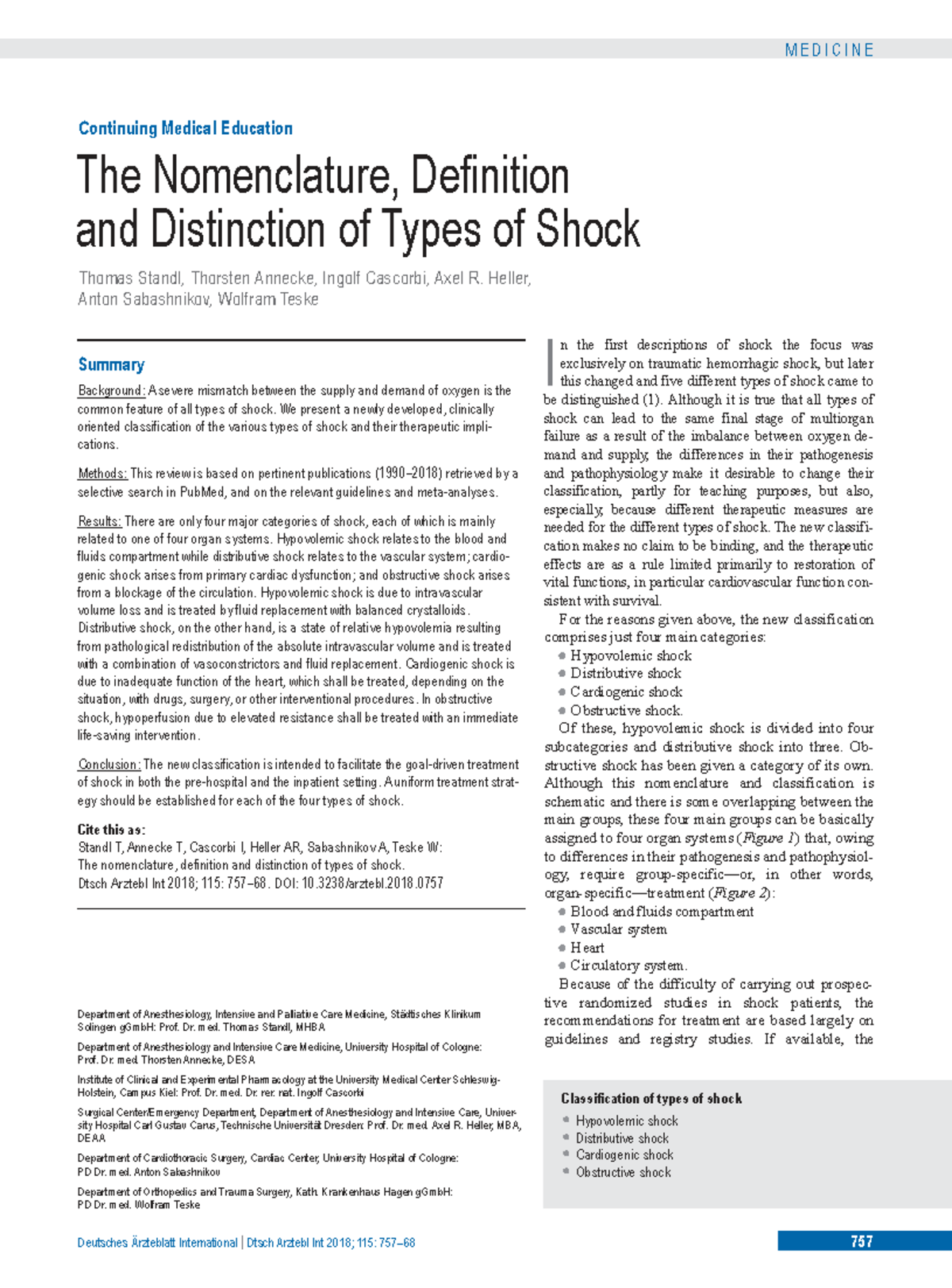 MEDICINE CME: Nomenclature and Classification of Shock Types - Studocu