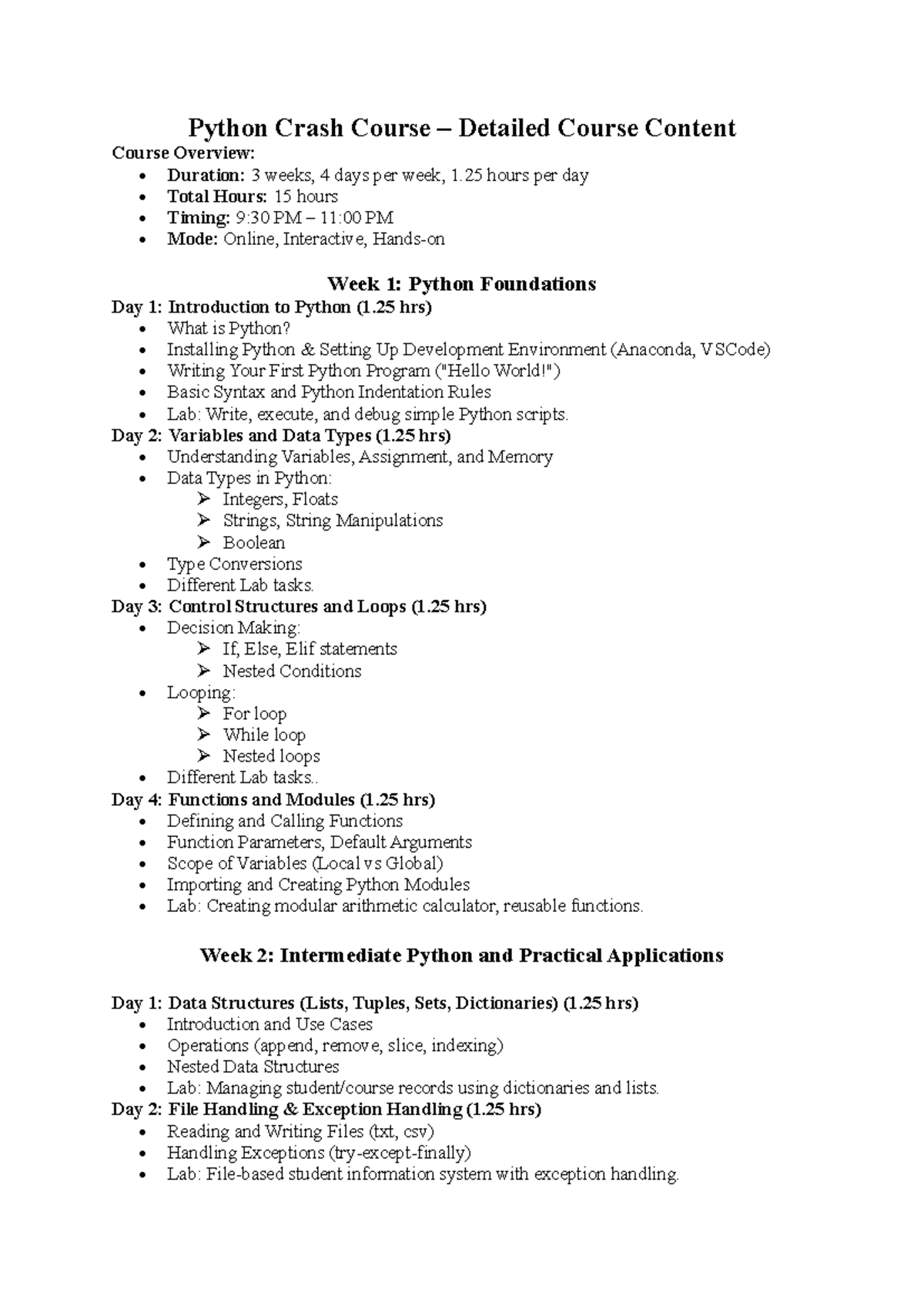 Python Crash Course (PY101) - Detailed Course Content Overview - Studocu