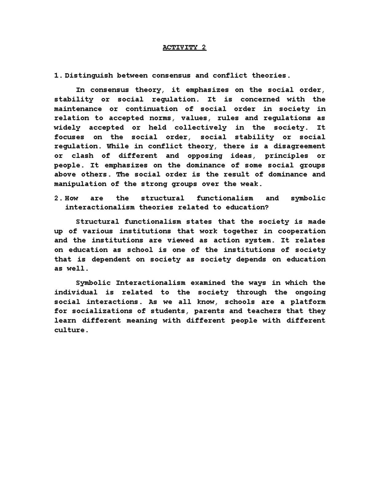 Activity 2 - ACTIVITY 2 Distinguish between consensus and conflict ...