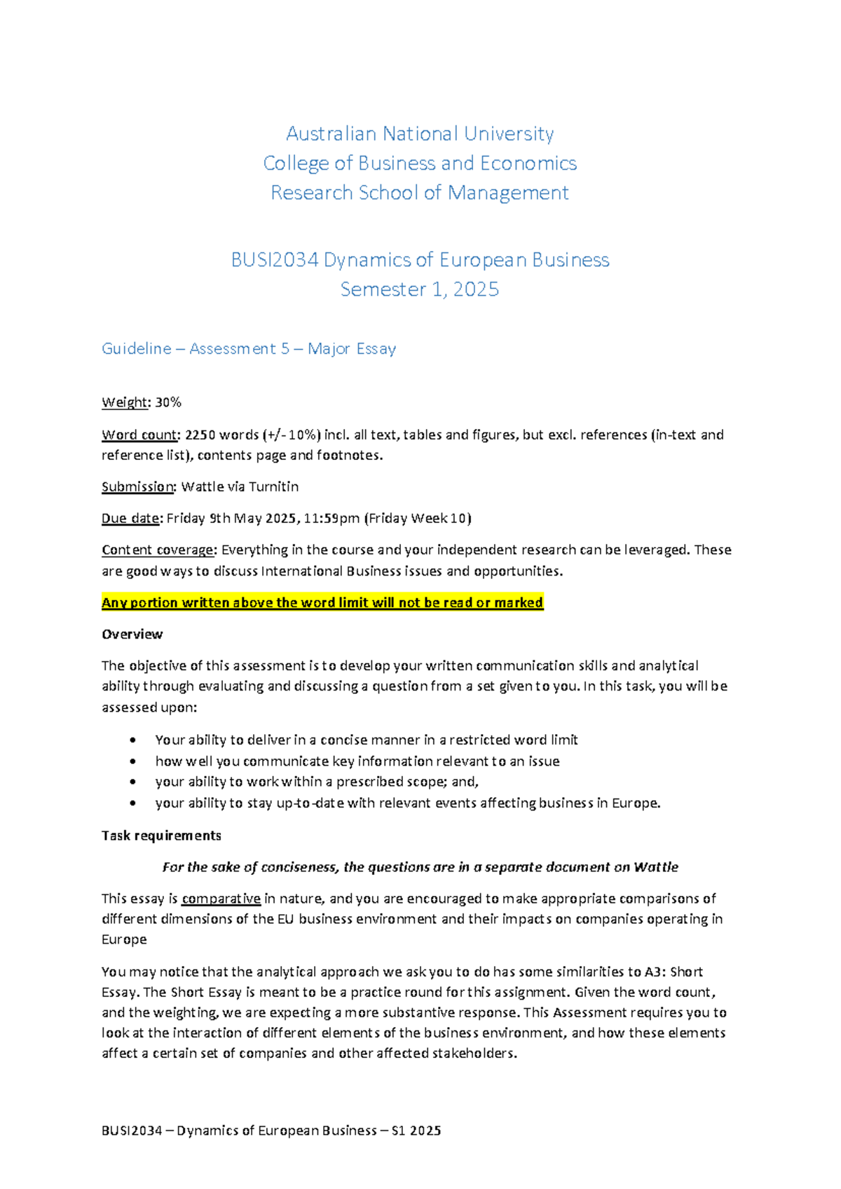 BUSI2034 Dynamics of European Business - Major Essay Guidelines S1 2025 ...