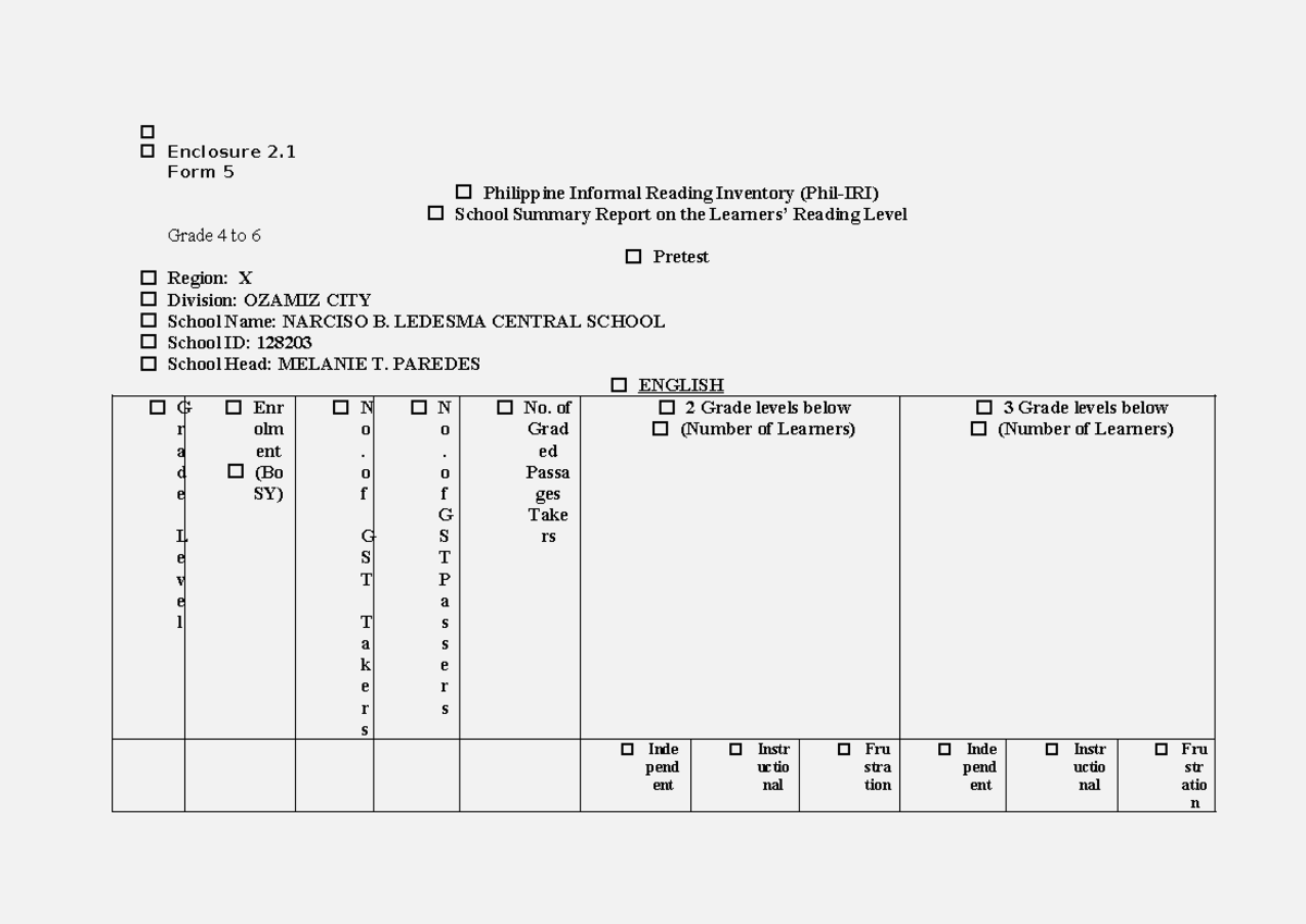 program for english - Enclosure 2. Form 5 Philippine Informal Reading Inventory (Phil-IRI) - Studocu
