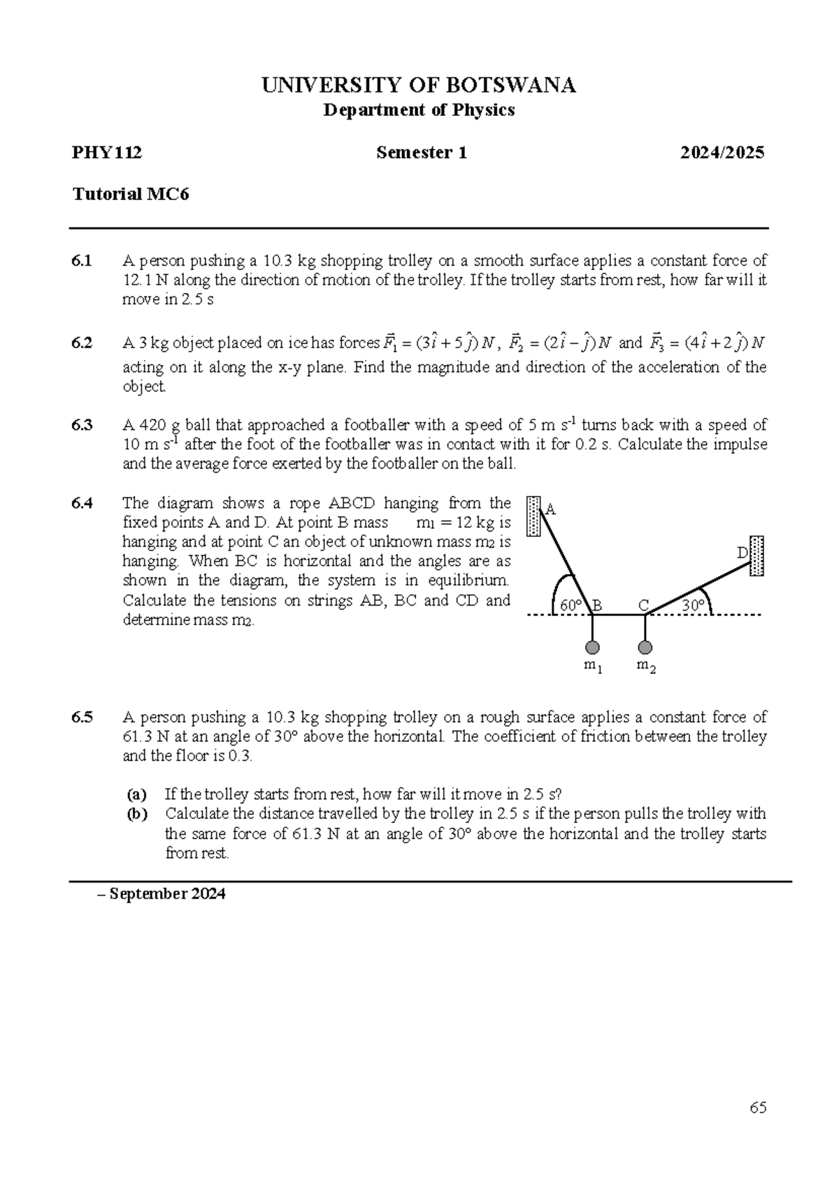 PHY112 Semester 1 Tutorial MC6: Forces and Motion Problems - Studocu