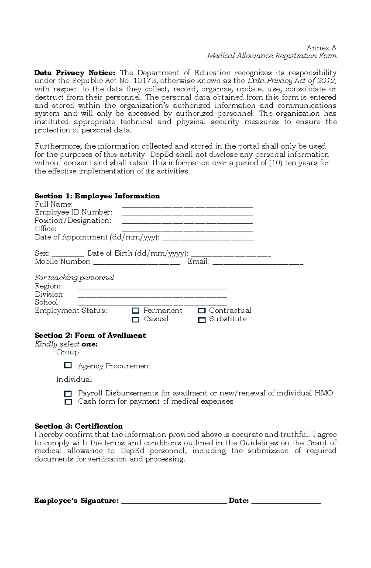 Medical-Allowance- Annex-A - Annex A Medical Allowance Registration Form Data Privacy Notice ...