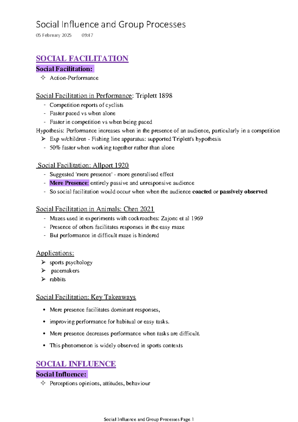 Social Influence and Group Processes - SOCIAL FACILITATION Social ...