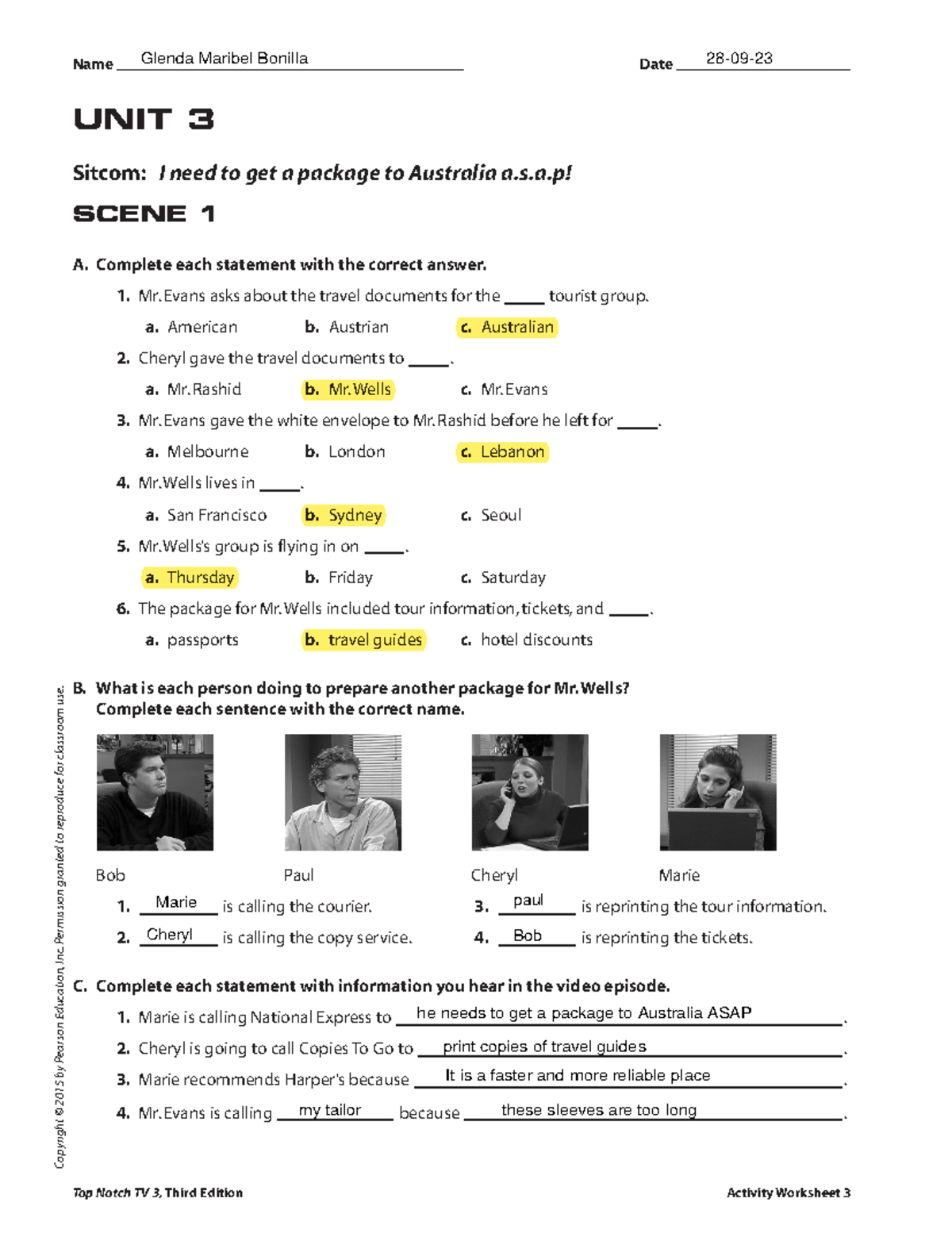 UNIT 03 TV Activity Worksheets - Sitcom Package Preparation Exercises ...