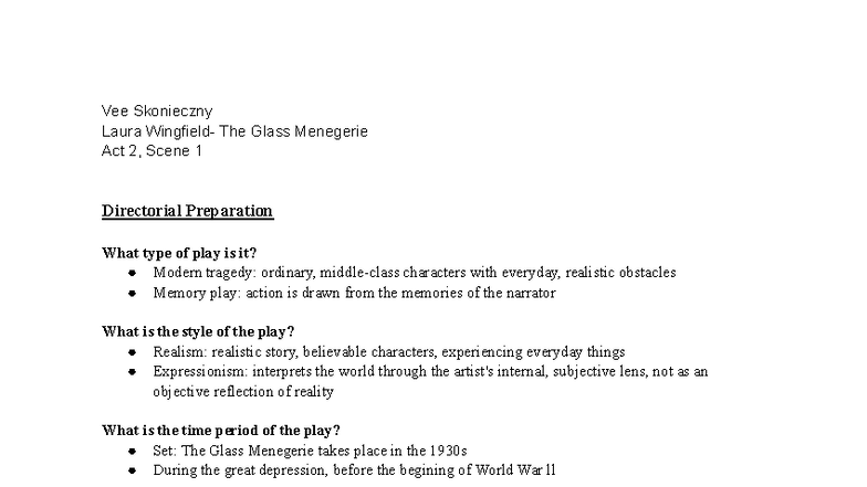 LA 101 - The Glass Menagerie Act 2, Scene 1 Directorial Insights - Studocu