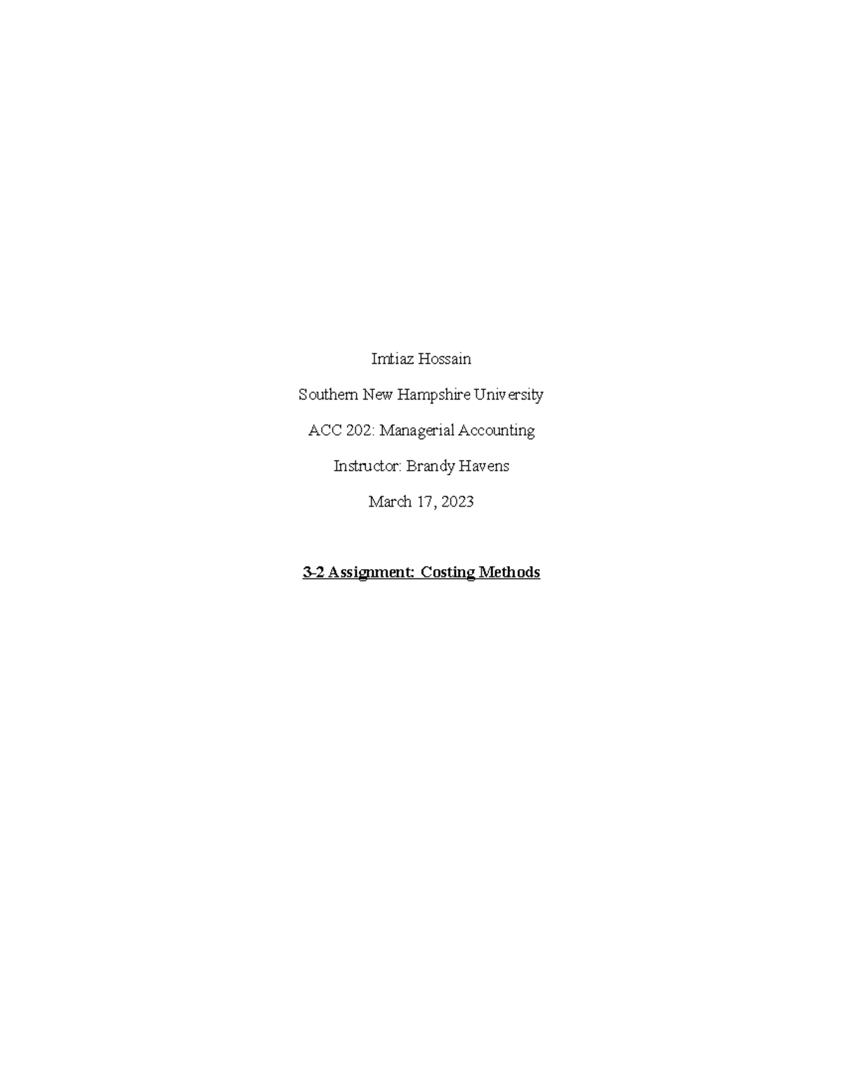 3-2 Assignment Costing Methods - Imtiaz Hossain Southern New Hampshire ...