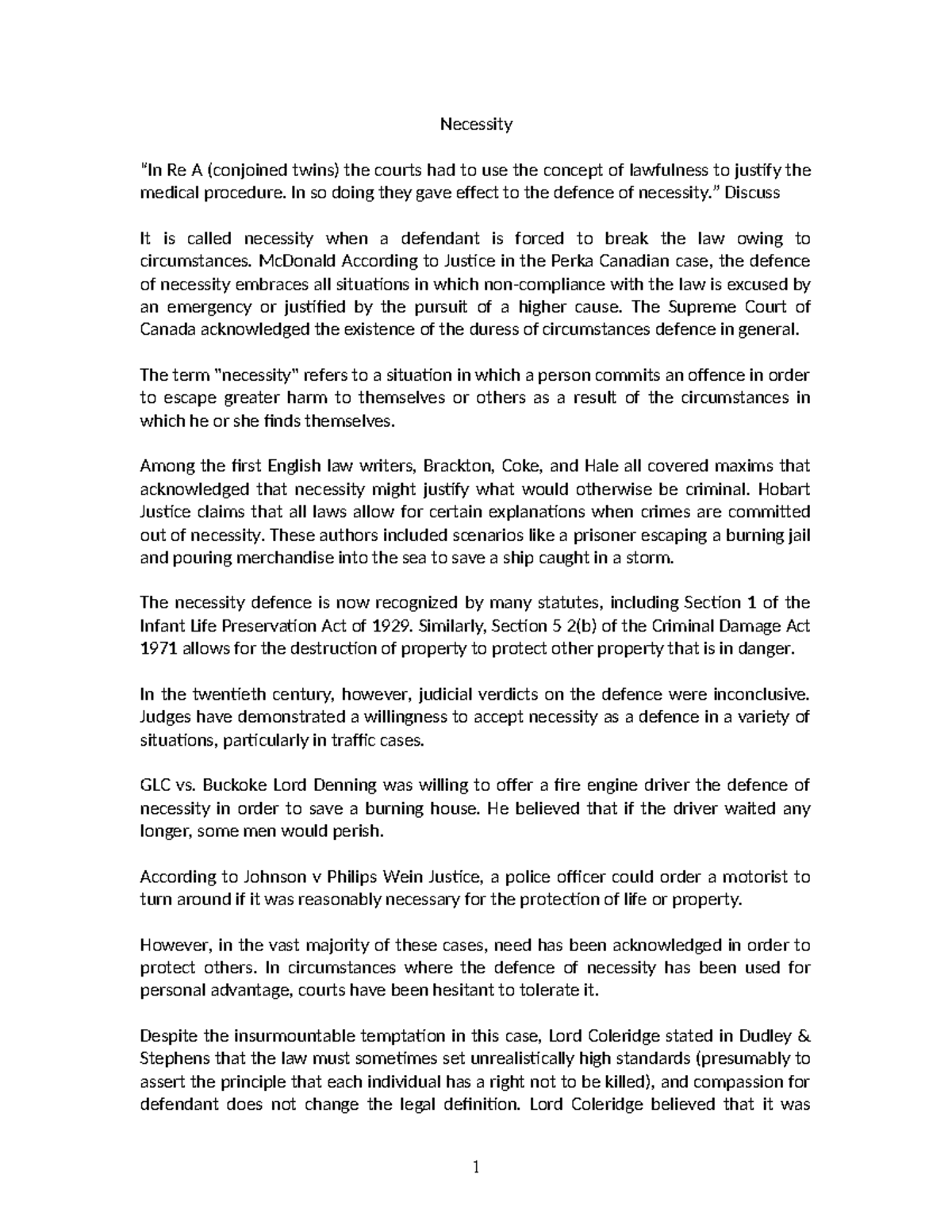 Legal Analysis of Necessity Defence in Regarded Cases - Studocu