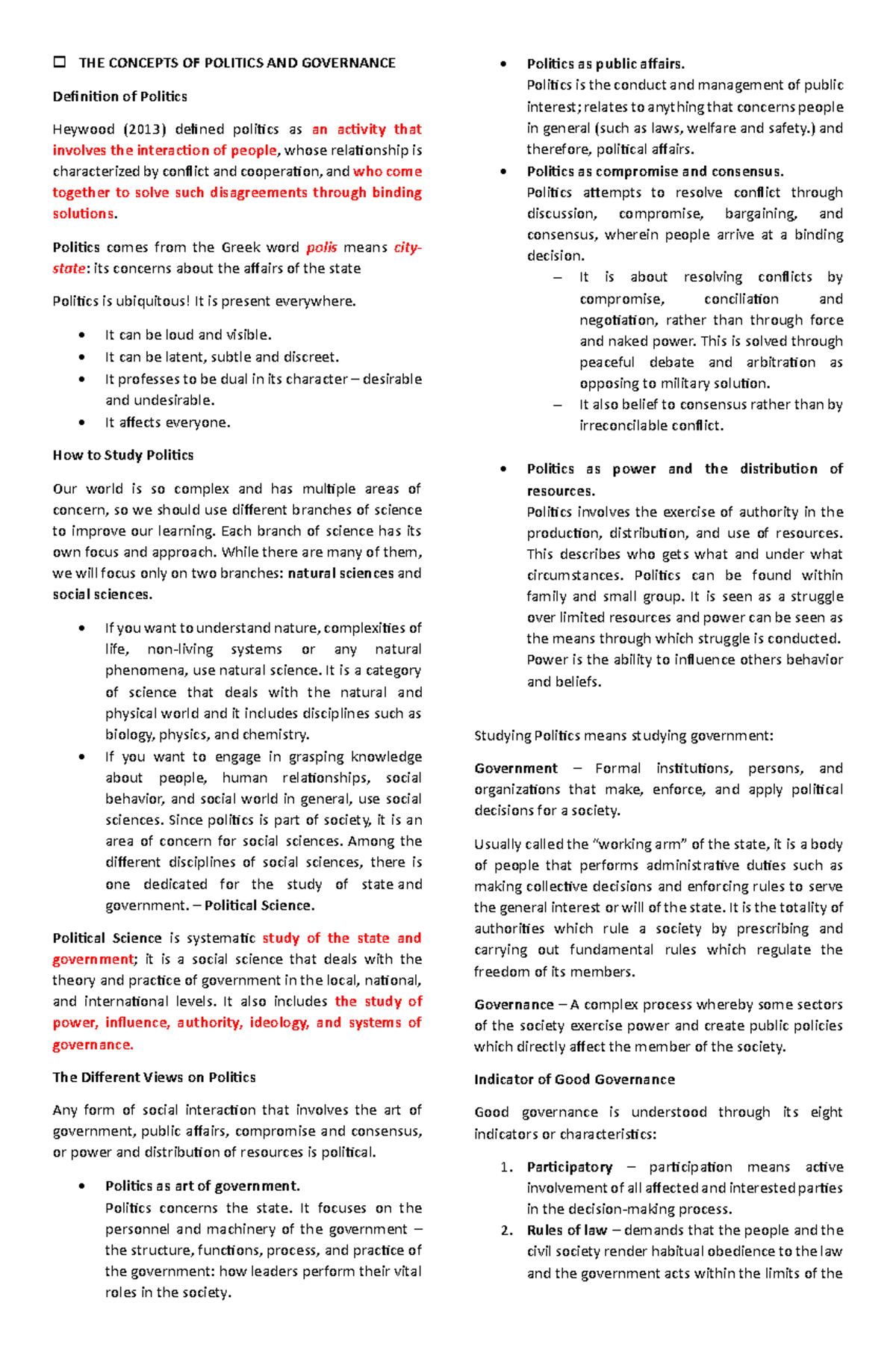 Pol Gov 1 - Key Concepts of Politics and Governance_notes - Studocu