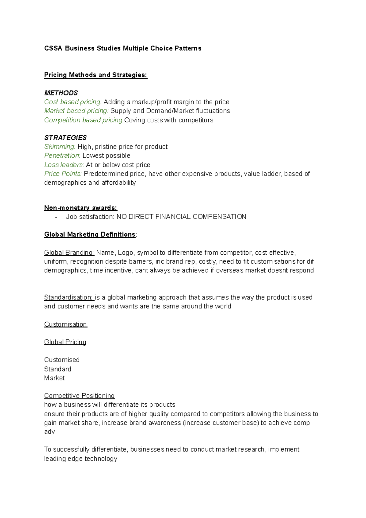 CSSA Business Studies MCQ Patterns: Pricing Methods & Strategies - Studocu