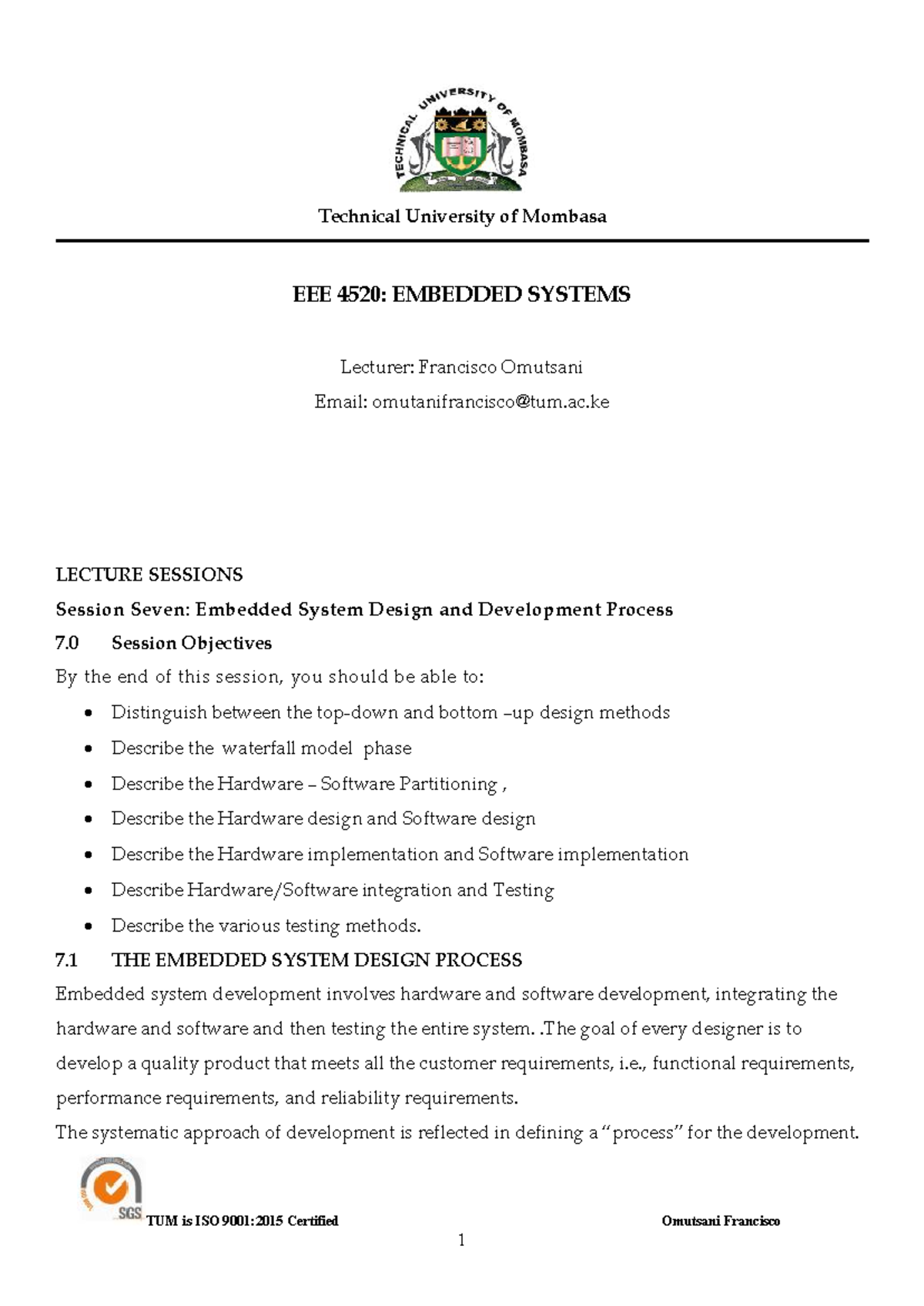 TUM 4520: Chapter 07 - Embedded Systems Design & Development Process ...