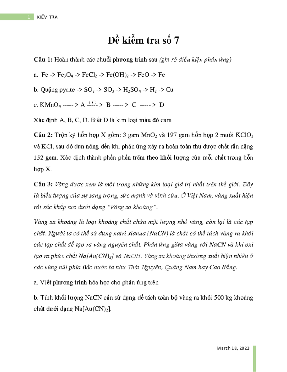 Đề Kiểm Tra Số 7 - Hóa Học - dvvdvd - Studocu
