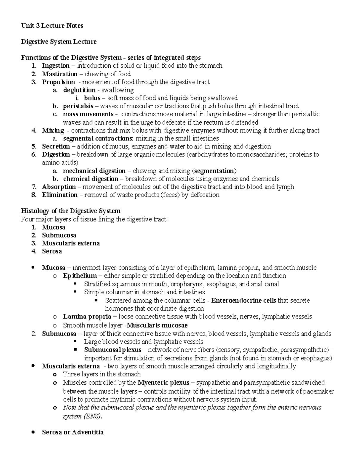 Unit 3 Lecture Notes: Functions and Histology of the Digestive System ...