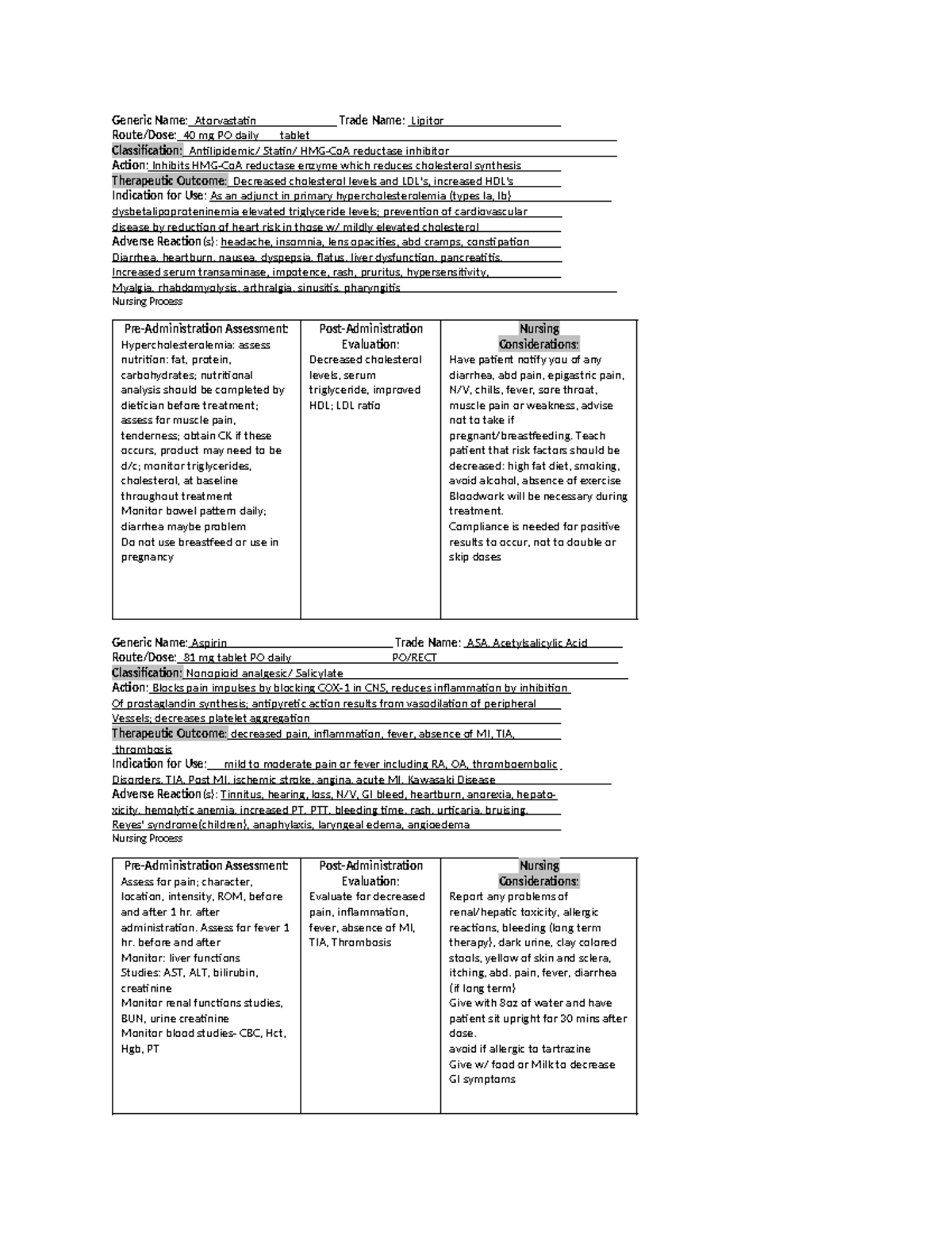 Drug Card - drug cards - Generic Name: Atorvastatin Trade Name: Lipitor ...