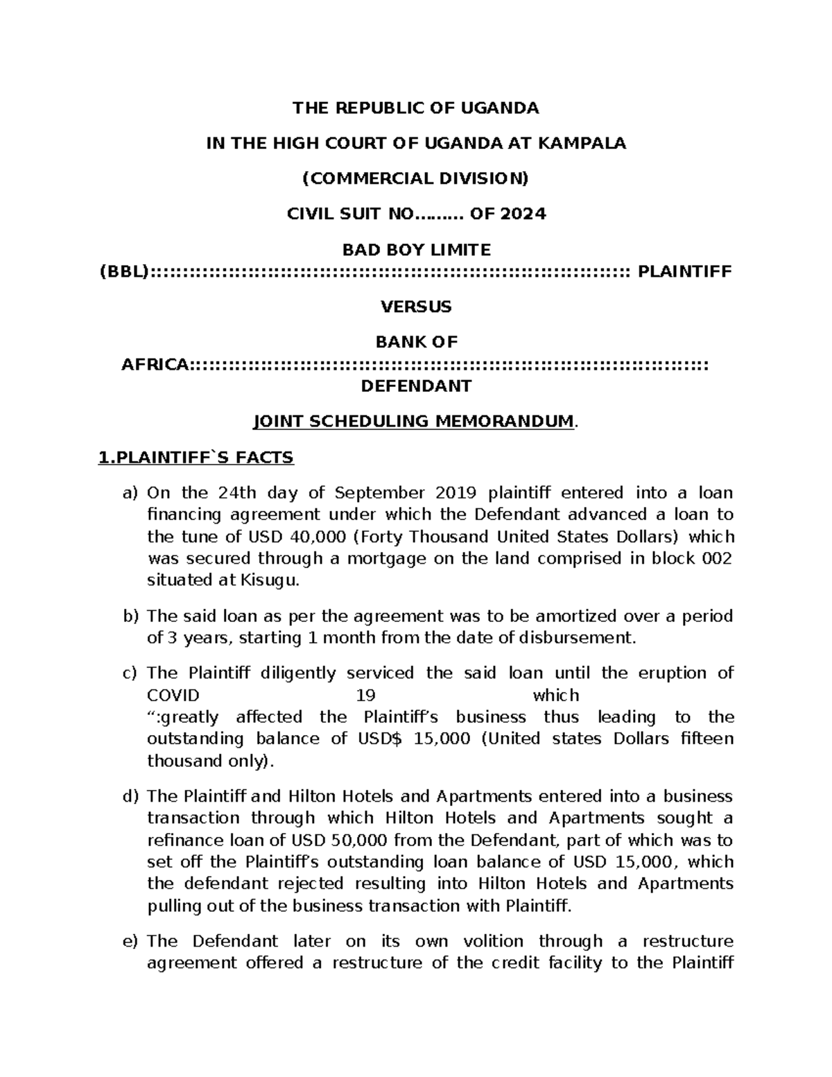 JSM B5 - Sample Joint Scheduling Memorandum for Civil Suit 2024 - Studocu