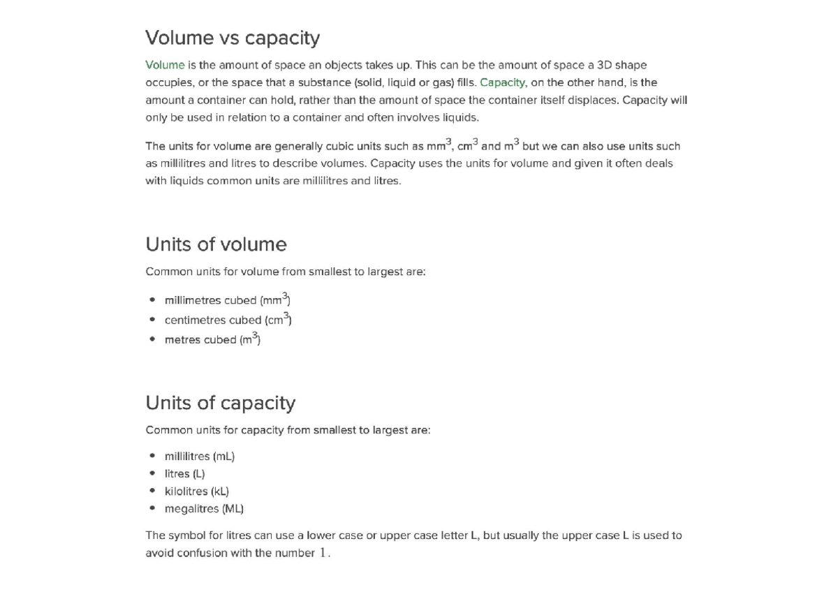 Understanding Volume and Capacity: Key Concepts and Conversions - Studocu