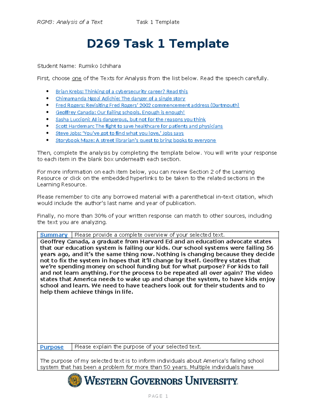RGM3: Task 1 Analysis of Geoffrey Canada's Speech on Education - Studocu
