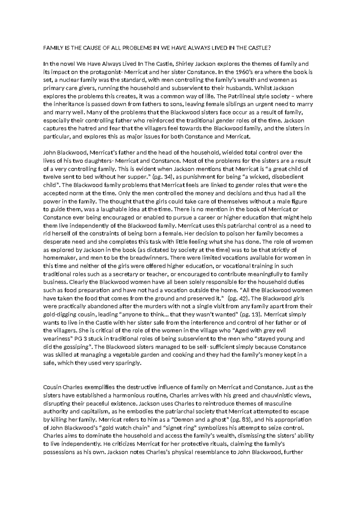 We Have Always Lived in the Castle: Family and Control Essay - Studocu