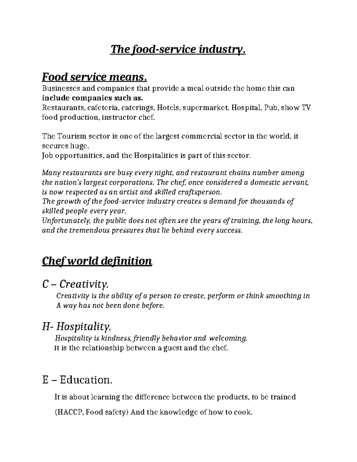 Chapter 1 - Food Service Industry Overview and Innovations - Studocu
