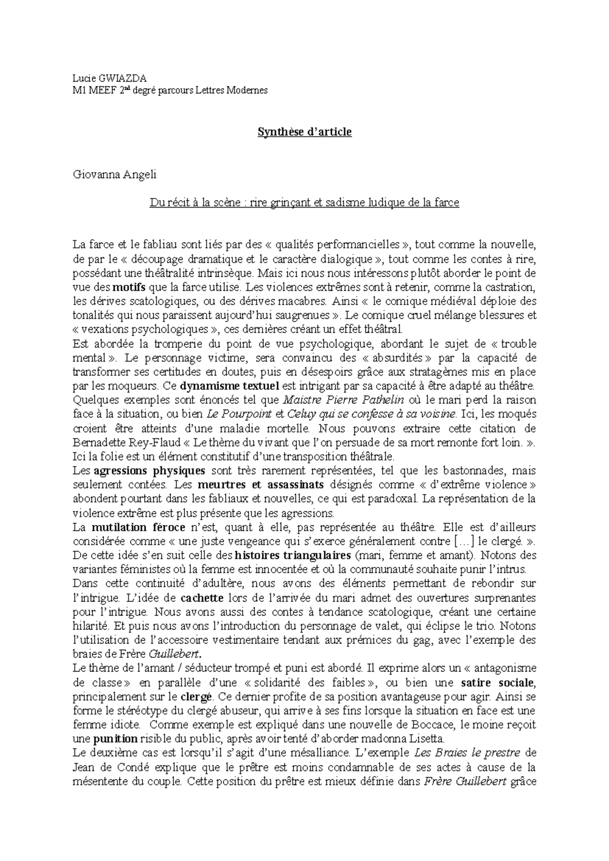 Synthèse d'article : Le Rire et la Violence dans les Fabliaux (M1 MEEF ...