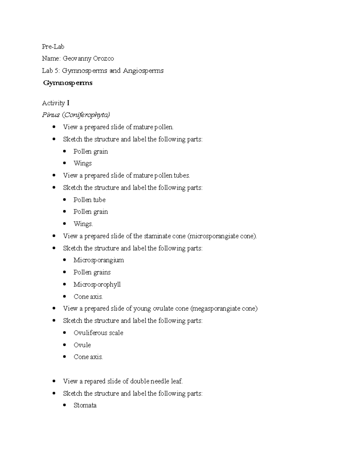 Lab 5: Gymnosperms & Angiosperms Activities (G - labs) - Studocu