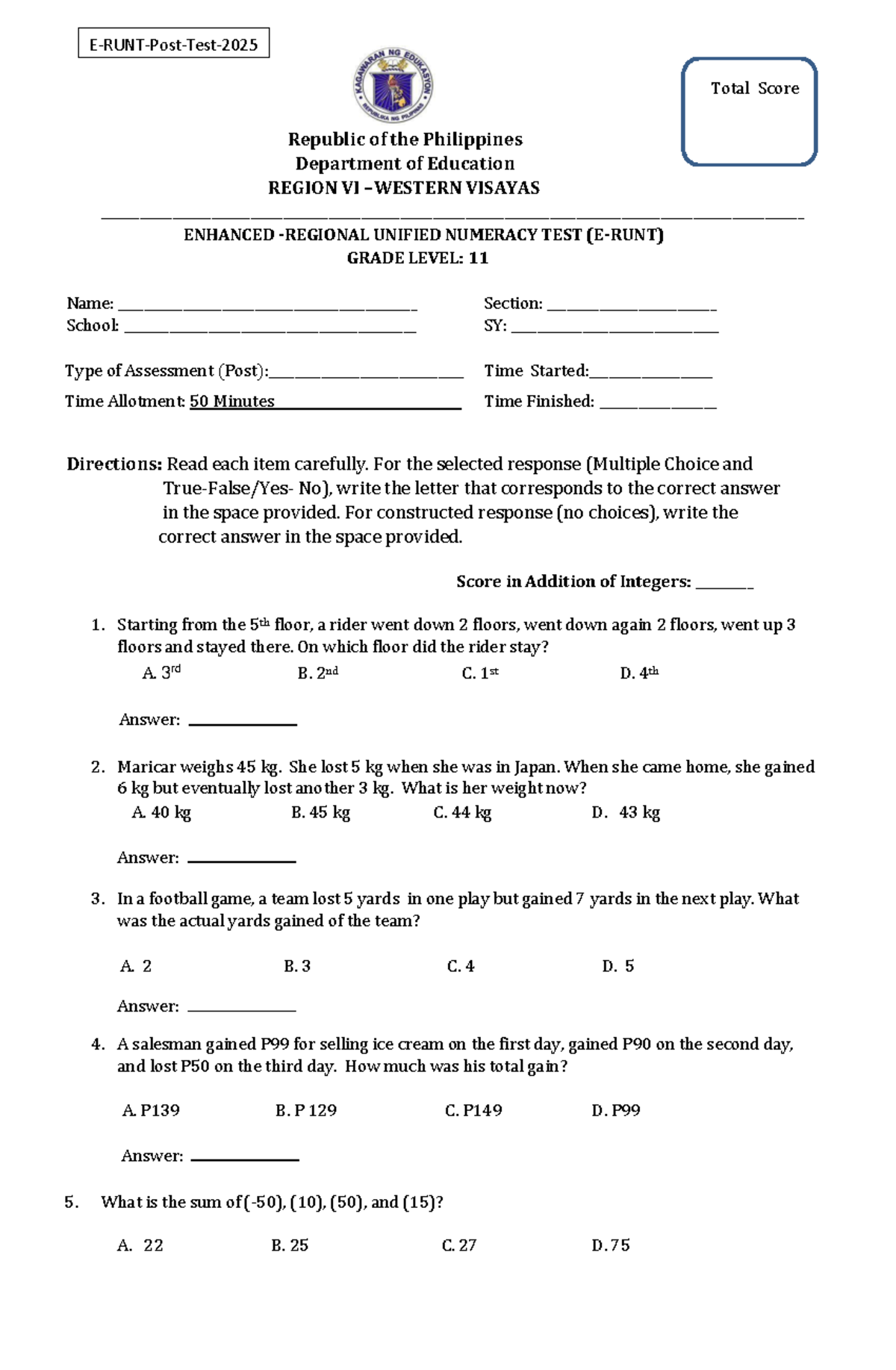 Erunt POST TEST GRADE 11: Enhanced Unified Numeracy Assessment - Studocu