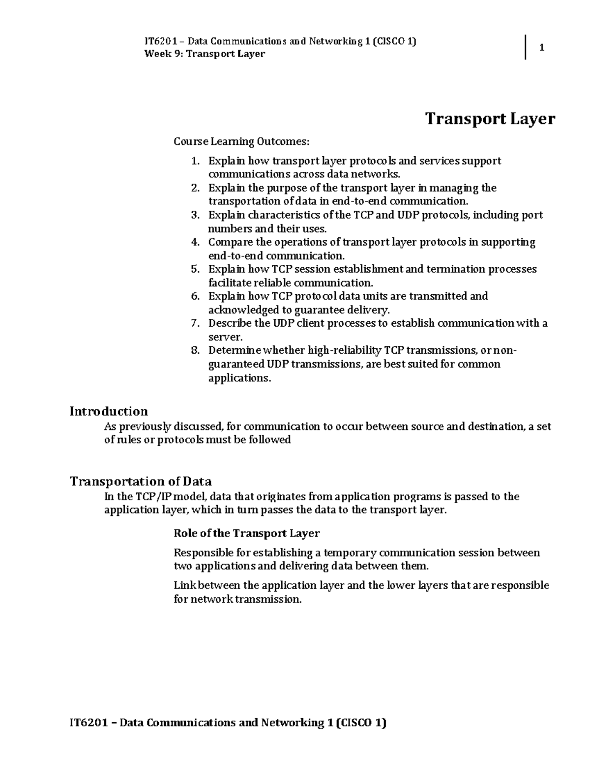 IT6201 Data Communications and Networking 1 (CISCO 1) Week 9: Transport ...