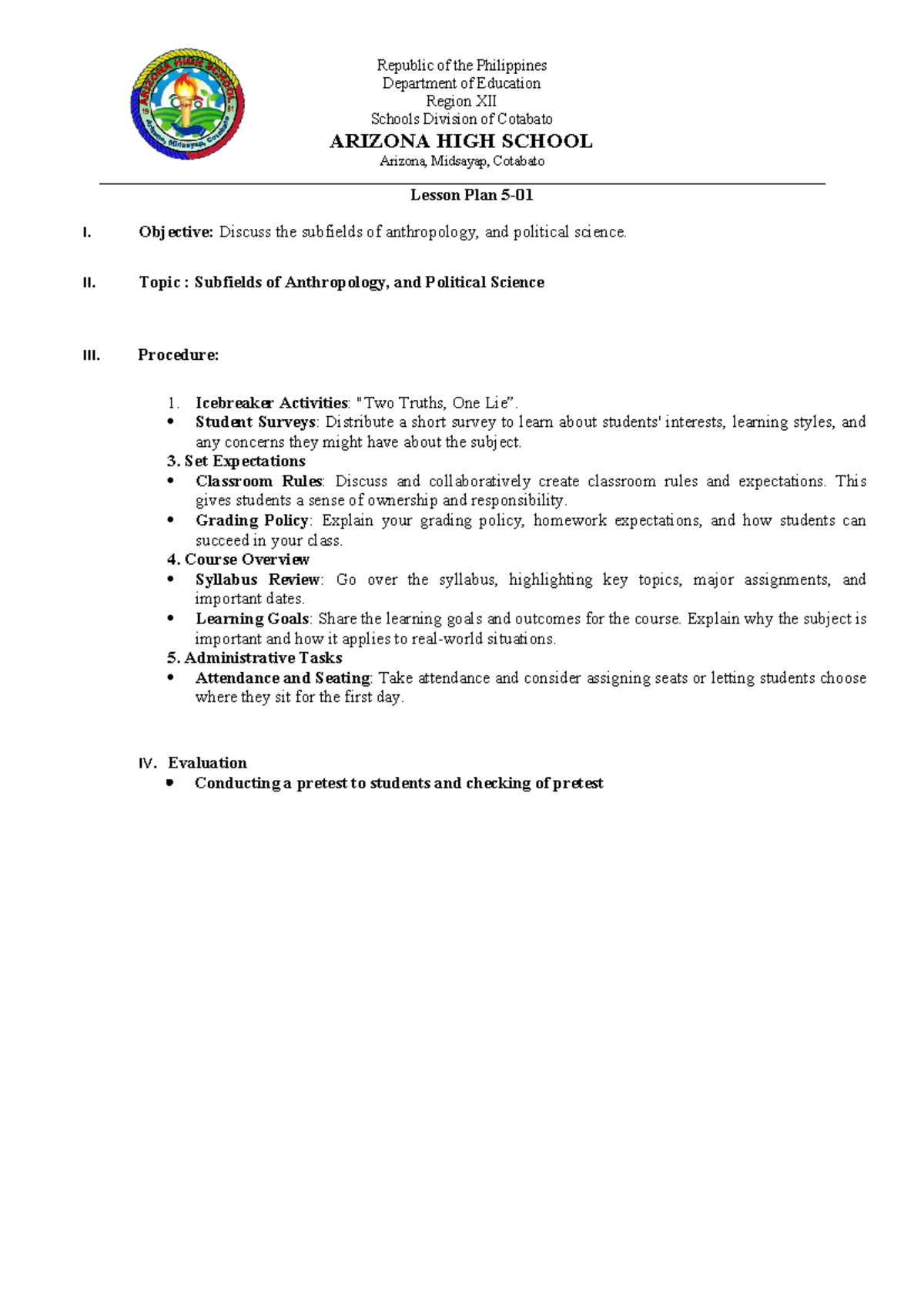 Lesson PLAN IN UCSP WEEK 1Q1 - Department of Education Region XII ...