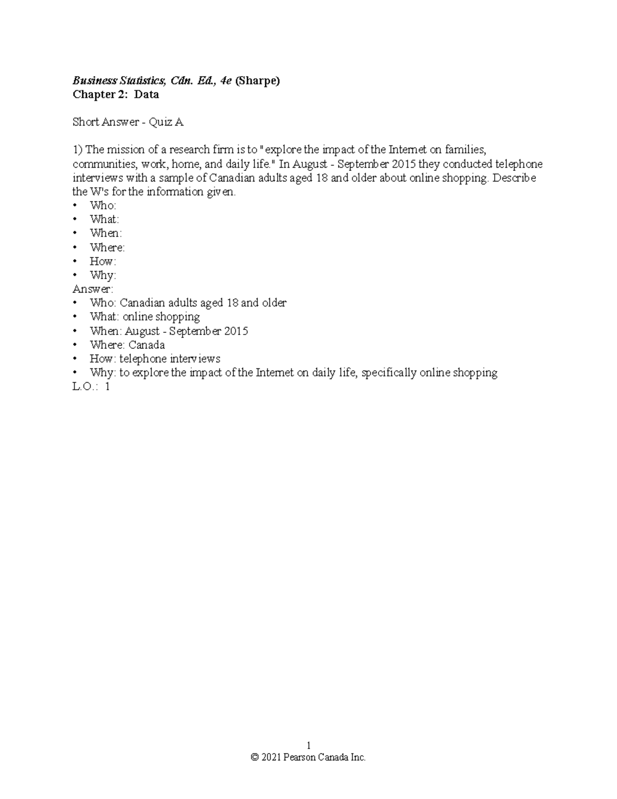 Business Statistics Chapter 2 Quiz A & C Notes (Cdn. Ed., 4e) - Studocu
